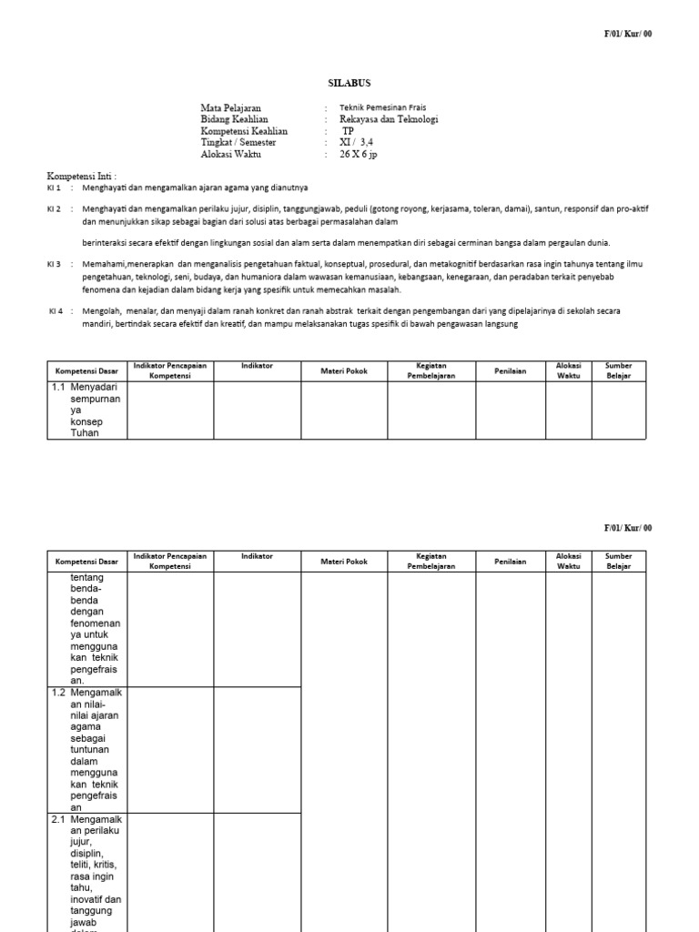 Silabus Teknik Pemesinan Frais Kls XI 2021-2022 - Rev | PDF