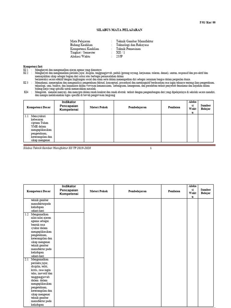Silabus Teknik Gambar Manufaktur Kelas XII 2021-2022 - Rev | PDF