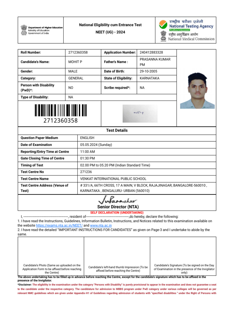NEET (UG) 2024 Admit Card Details | PDF | Identity Document