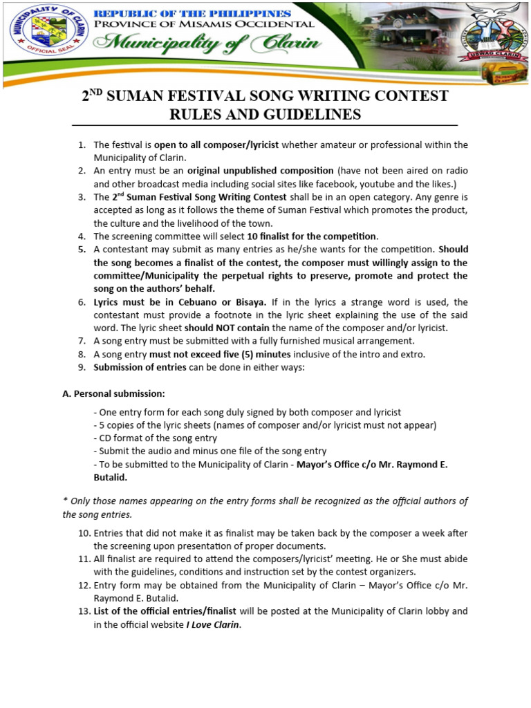 2ND SUMAN FESTIVAL SONG WRITING CONTEST RULES AND GUIDELINES and ENTRY ...