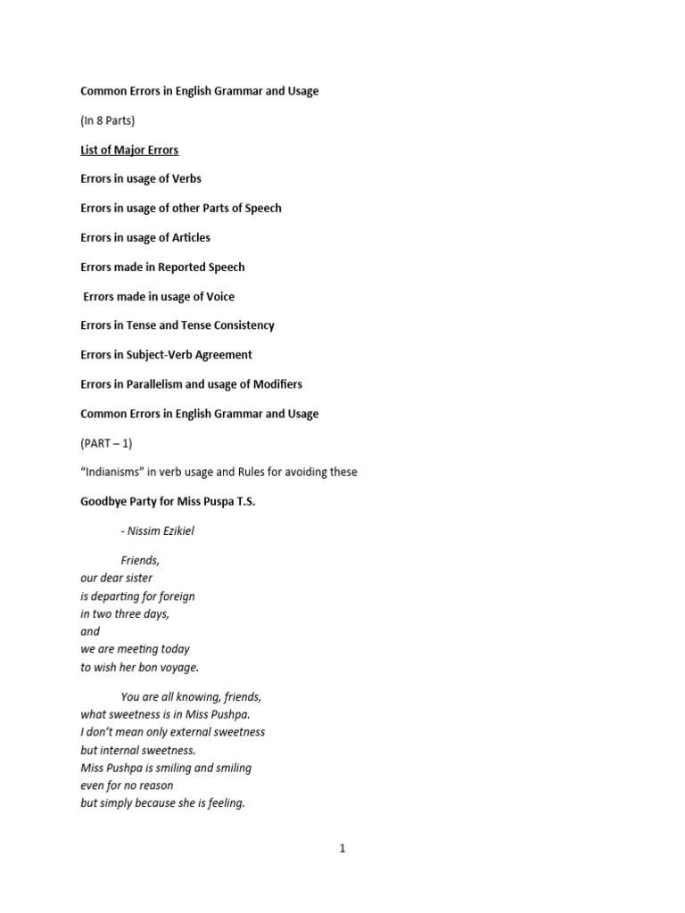 Grammar Common Errors Handout | PDF | Plural | English Grammar