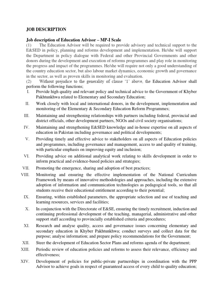 Education Advisor Job Description | PDF | Governance | Public–Private ...