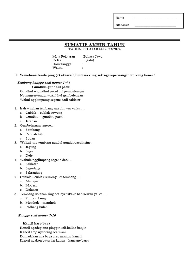 SOAL SAT B.JAWA KLS 1 | PDF