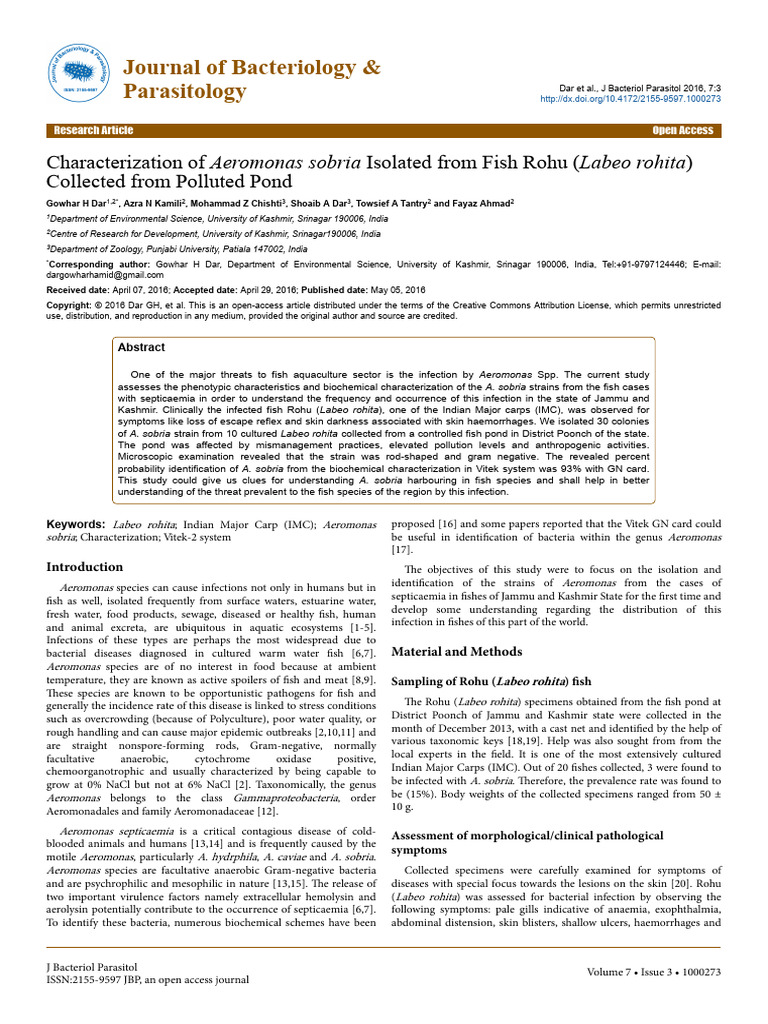Dar - Characterization of Aeromonas Sobria Isolated From Fish Rohu ...