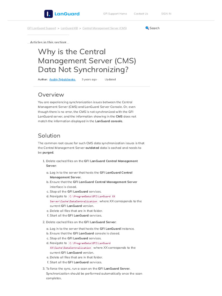 Why Is The Central Management Server (CMS) Data Not Synchronizing - GFI LanGuard Support | PDF ...