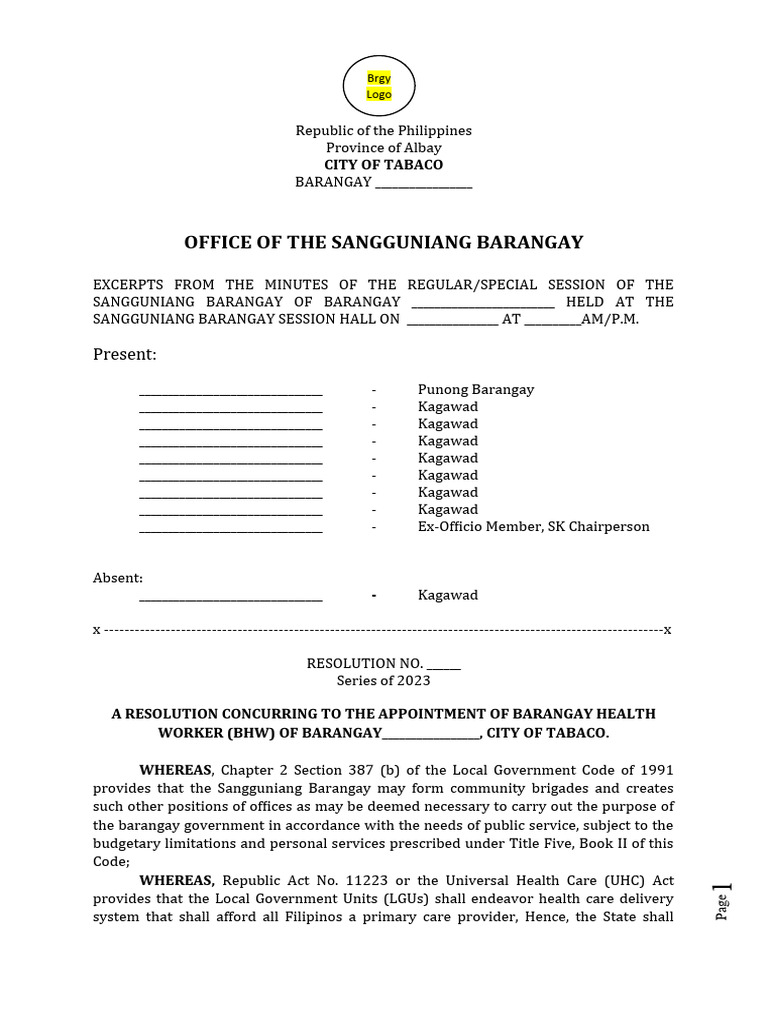 Resolution On The Appointment of Barangay Health Worker | PDF | Government