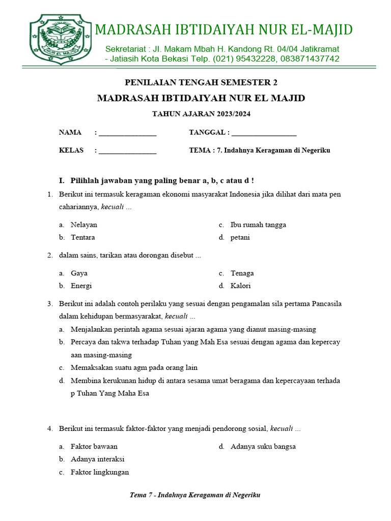 Soal PTS MI Nur El-Majid | PDF