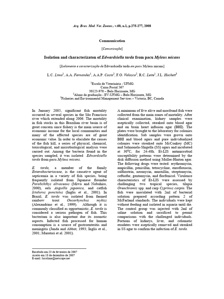 Lima - Isolation and Characterizaton of Edwardsiella Tarda From Pacu ...