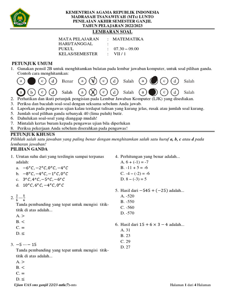 Soal UAS Kls VII SMT 1 2022 | PDF