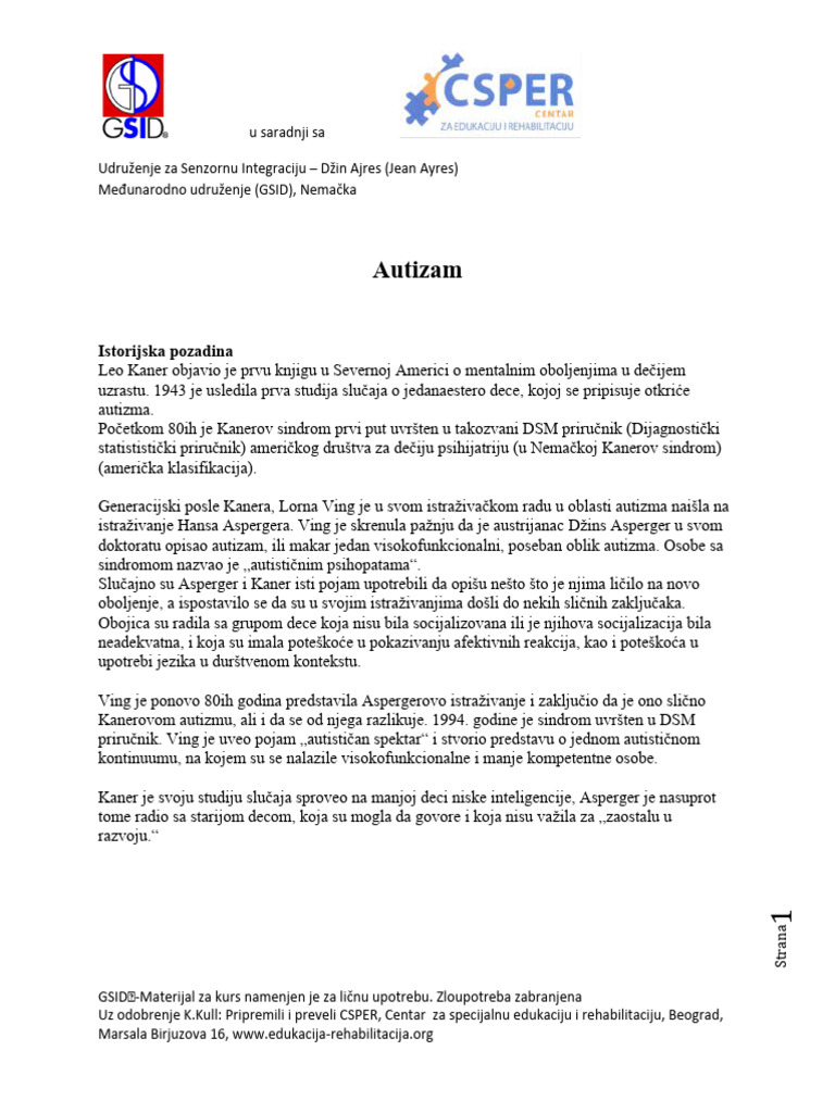 Autizam Materijal Za 4 Deo Kursa SI | PDF