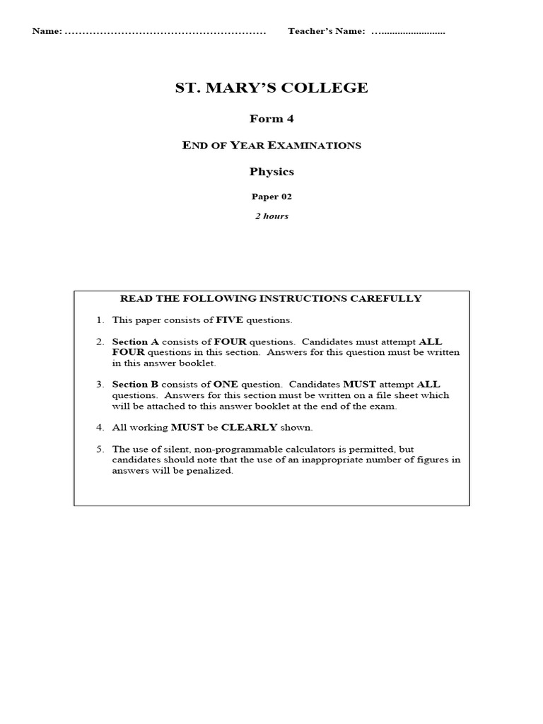 St. Mary's College Physics Exam Paper | PDF | Density | Force