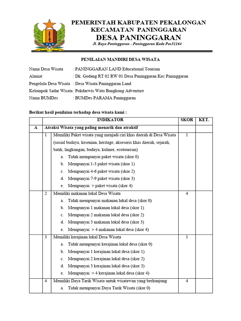 Penilaian Mandiri Desa Wisata Paninggaran | PDF
