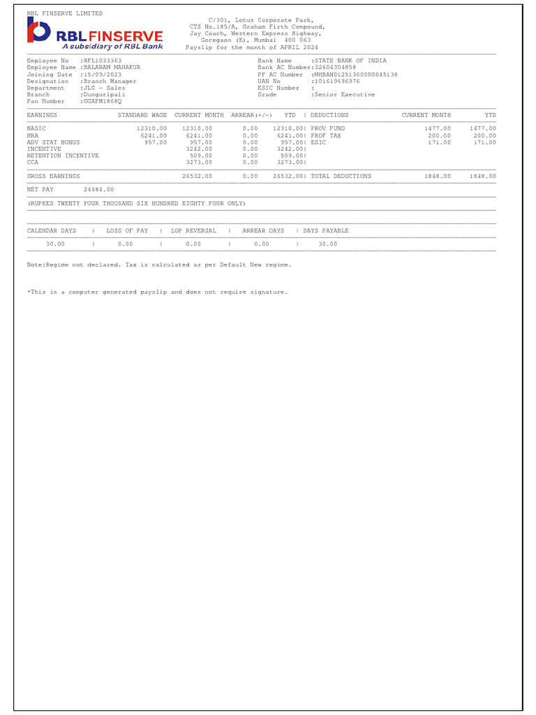 Rblfin Pay Slip RFL1033363 Apr 2024 | PDF | Taxes | Government Finances