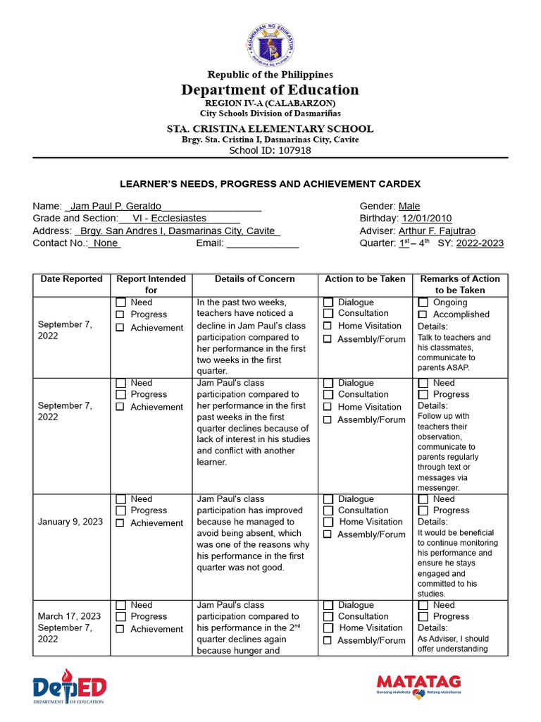 LEARNER'S NEEDS, PROGRESS AND ACHIEVEMENT CARDEX-depedtambayan-1 | PDF ...