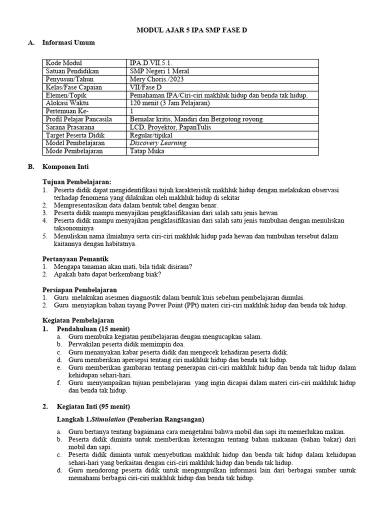 Modul Ajar IPA SMP: Ciri Makhluk Hidup | PDF