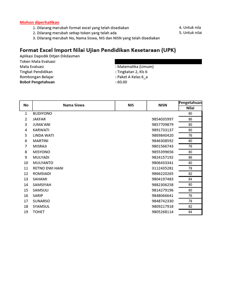 Format Excel Nilai UPK Matematika | PDF