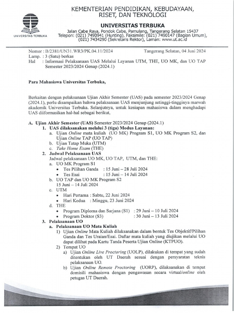2381_Informasi Pelaksanaan UAS Melalui Layanan UTM, The, UO MK, Dan UO ...