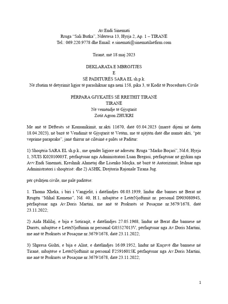Sara - El (Deklarata e Mbrojtjes Sara El Sh.p.k. Kunder Thoma Xheka) | PDF