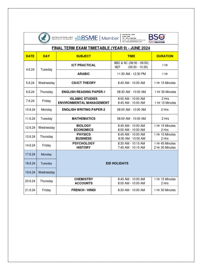 Year 9 Final Exam TT | PDF
