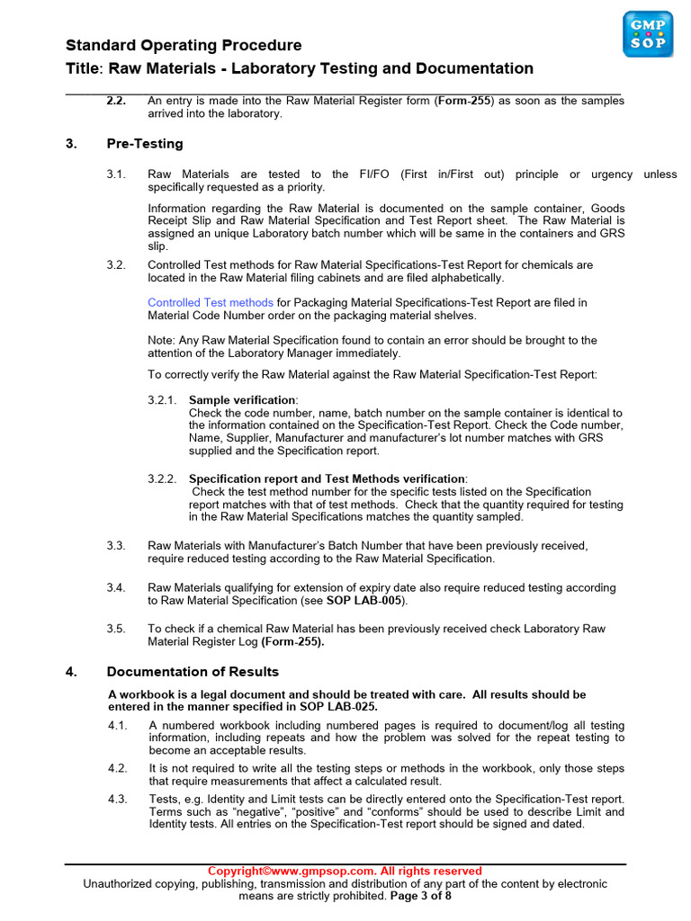 LAB 060 Laboratory Testing and Documentation For Raw Materials Sample ...