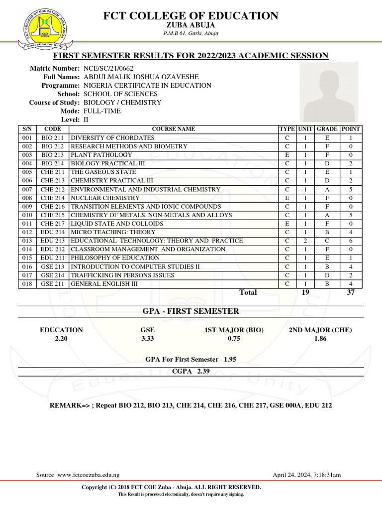 FCT College of Education: First Semester Results For 2022/2023 Academic Session | PDF ...