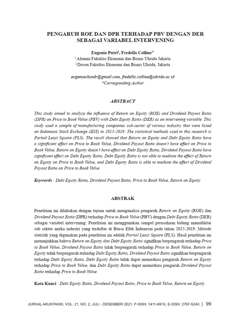 Pengaruh Roe Dan DPR Terhadap PBV Dengan Der Sebagai Variabel Intervening | PDF | Bisnis