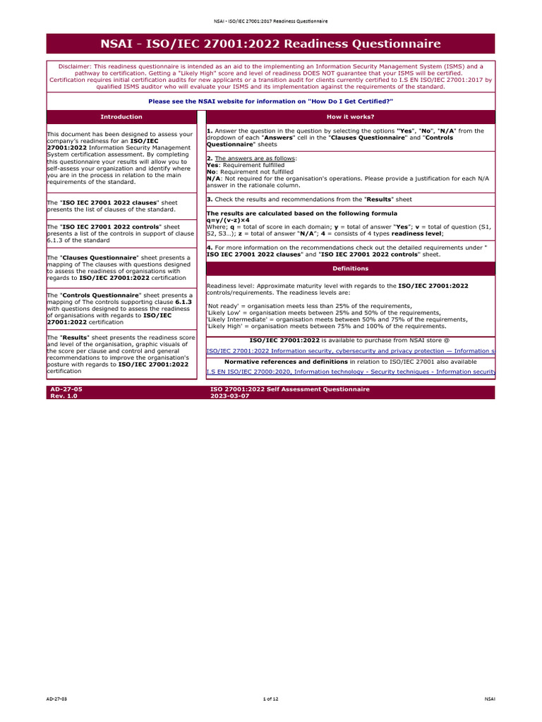 AD-27-05 - NSAI ISO 27001.2022 Readiness Questionnaire - Rev 1 .01 ...