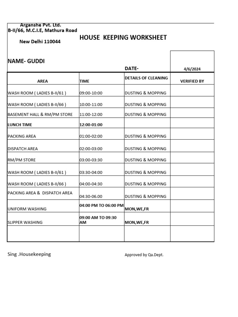 Daily Housekeeping Schedule 4/6/2024 | PDF | Housekeeping | Home Economics
