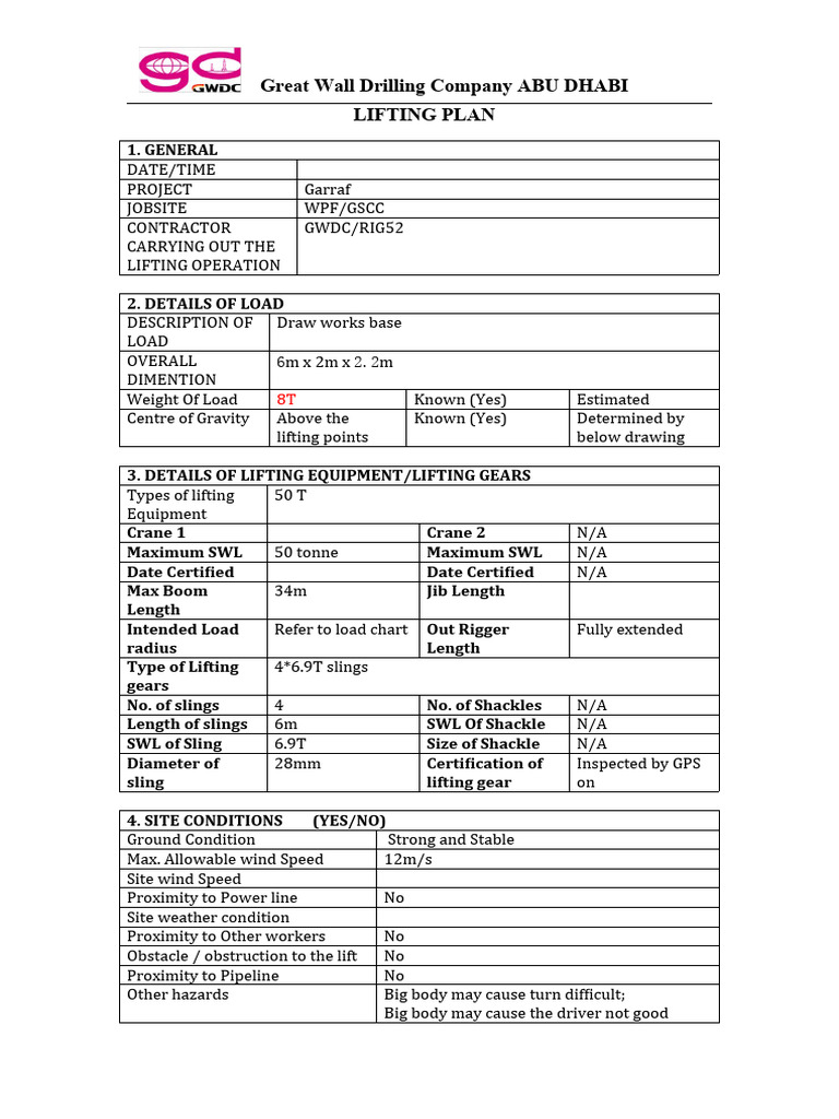 WDC-L3-39-Lifting Plan Form v1.0 - Draw Works Base | Download Free PDF | Crane (Machine)