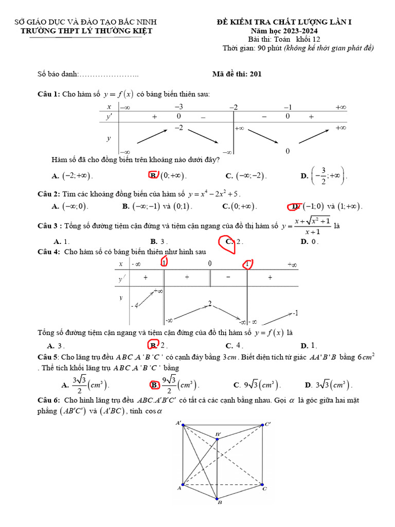 De Kiem Tra Lan 1 Toan 12 Nam 2023 2024 Truong Thpt Ly Thuong Kiet Bac Ninh | PDF