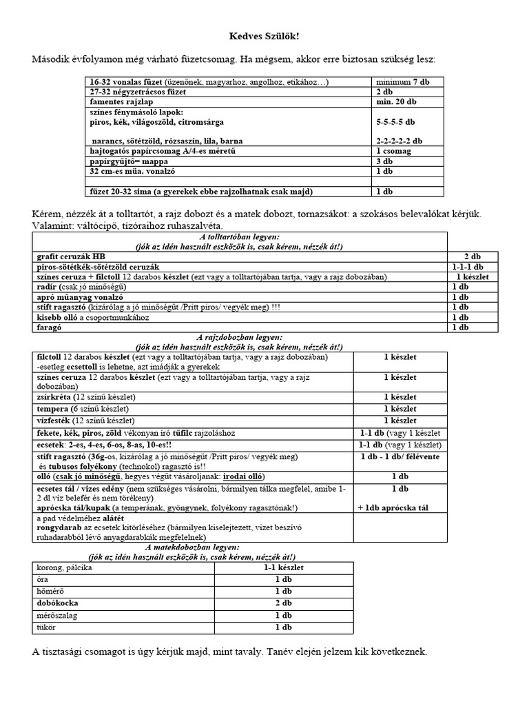 Tanszerigény 2. Oszt. | PDF