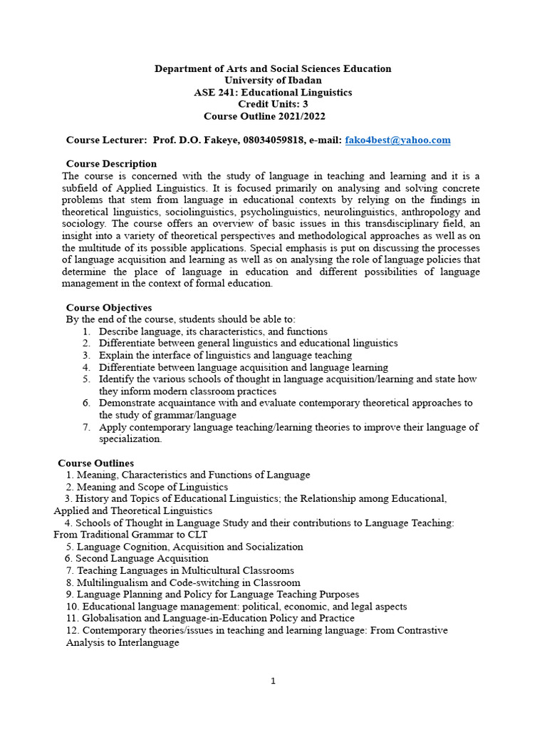 Educational Linguistics Course Outline | PDF | Linguistics | Science