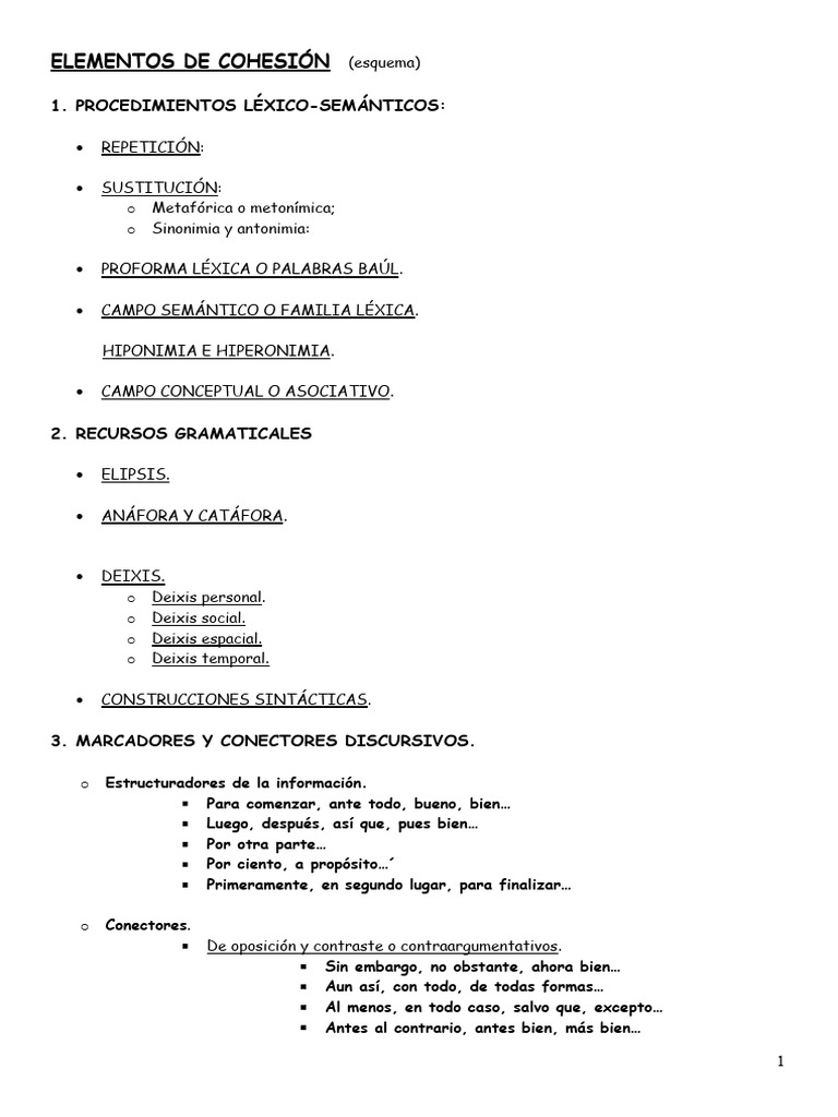 ELEMENTOS DE COHESIÓN Esquema | PDF | Gramática | Lingüística