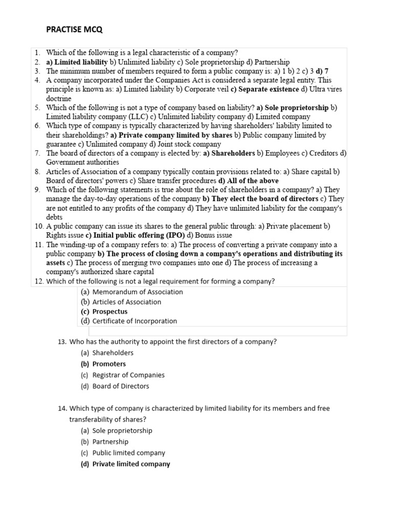Practice MCQ Bba 4TH | PDF | Limited Liability | Articles Of Association