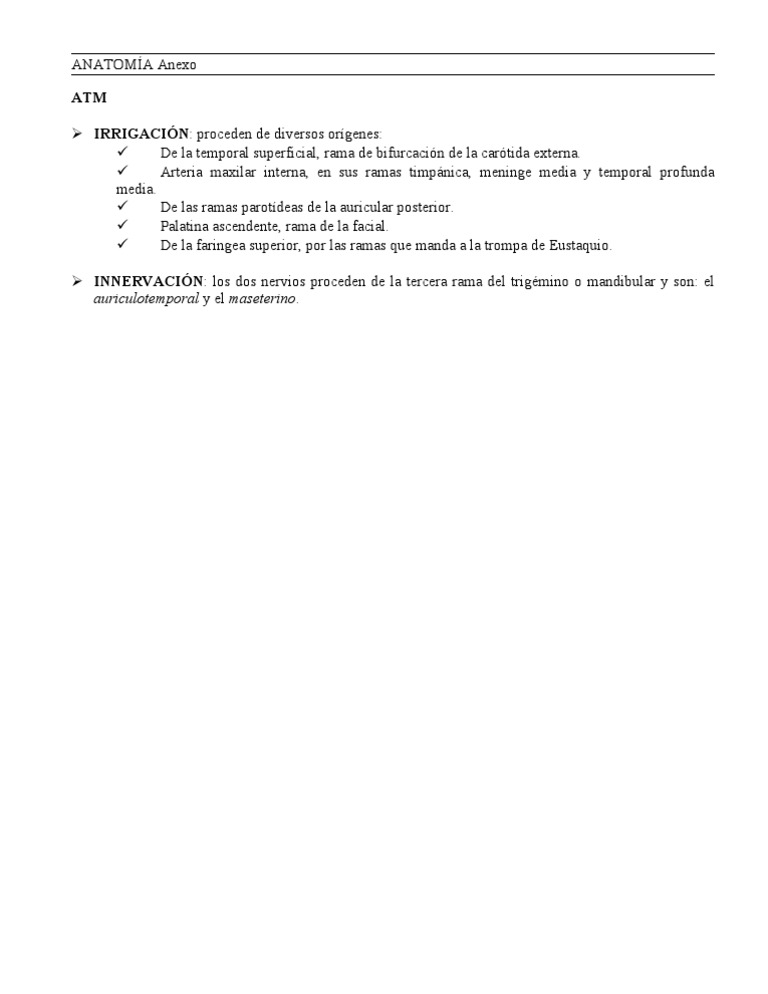 Anatomía de la ATM: Irrigación e Innervación | PDF