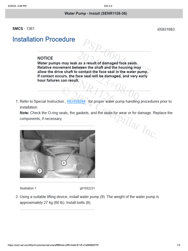 Water Pump - Install (SENR1126-36) | PDF | Pump | Mechanical Engineering