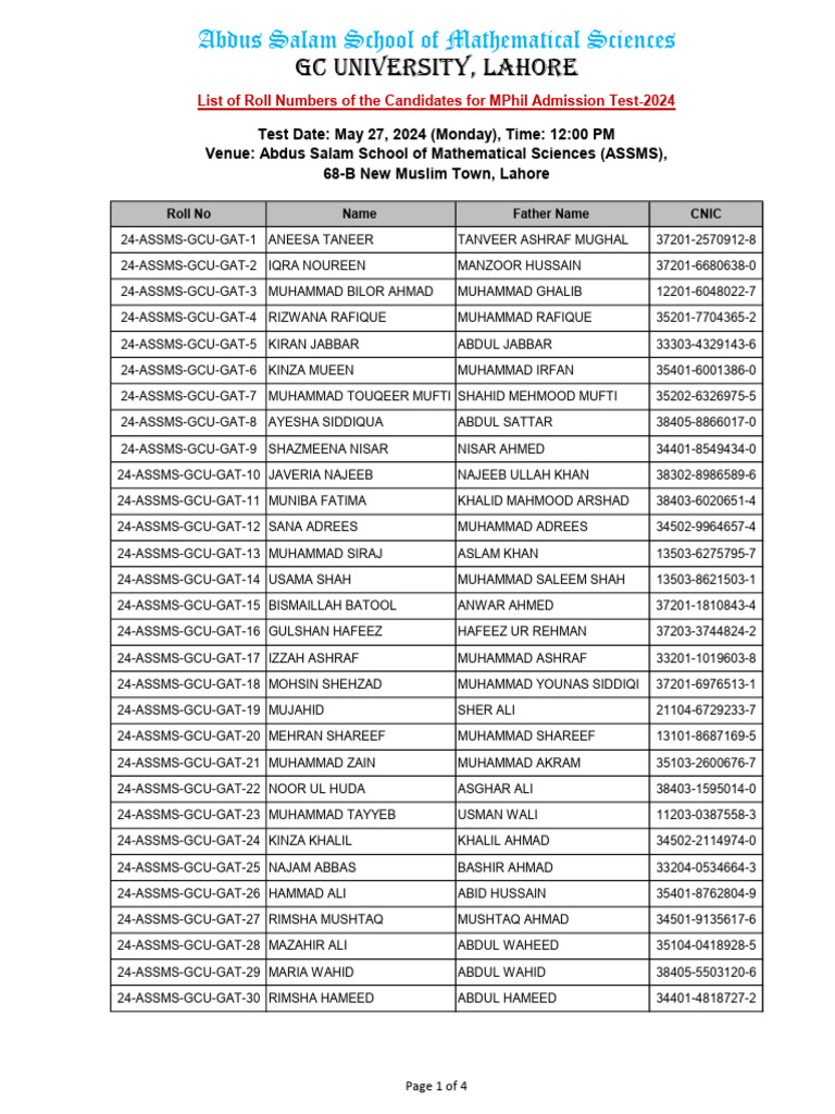 List of Candidates With Roll Numbers-2024 | PDF | Pakistan