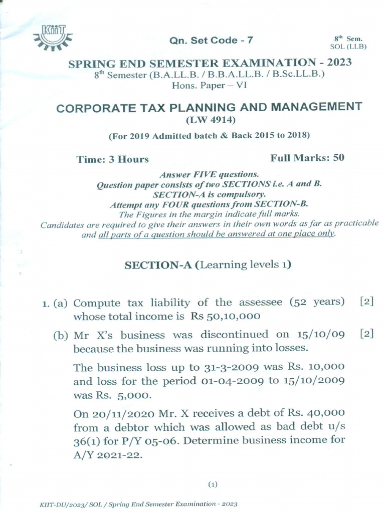 Spring, End Semester - 2023, Hons, 8th Semester, Corporate Tax Planning ...