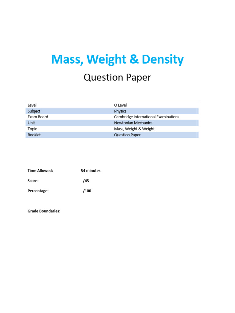 4-Mass Weight Density - Newtonian Mechanics-Cie Olevel Physics | PDF ...