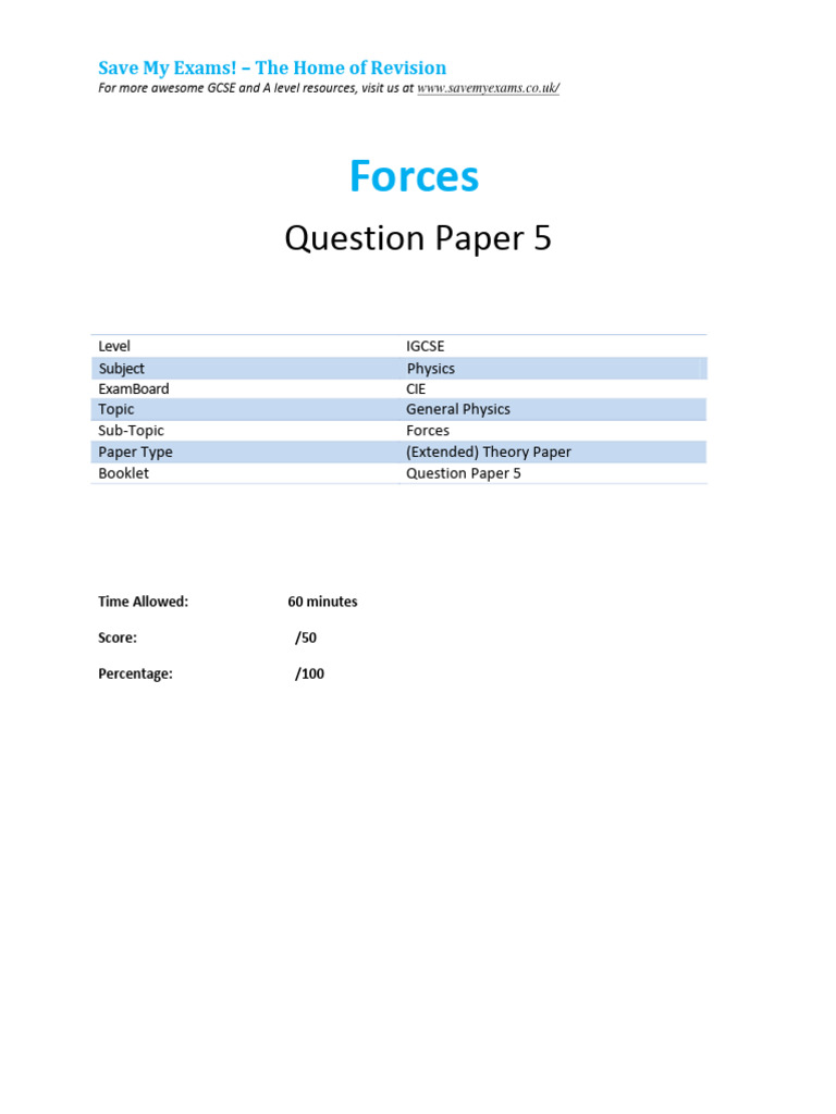 15.5 Forces Cie - Igcse - Physics - Ext Theory QP | PDF | Force | Acceleration