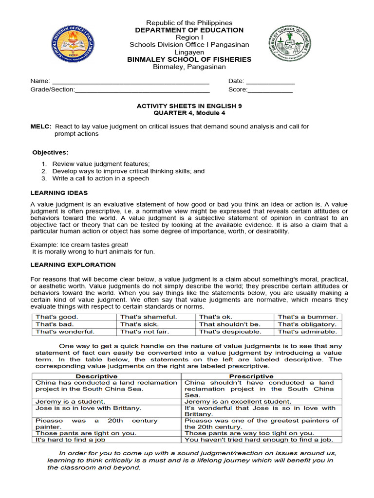 English9 Q4 Module4 | PDF | Thought | Critical Thinking
