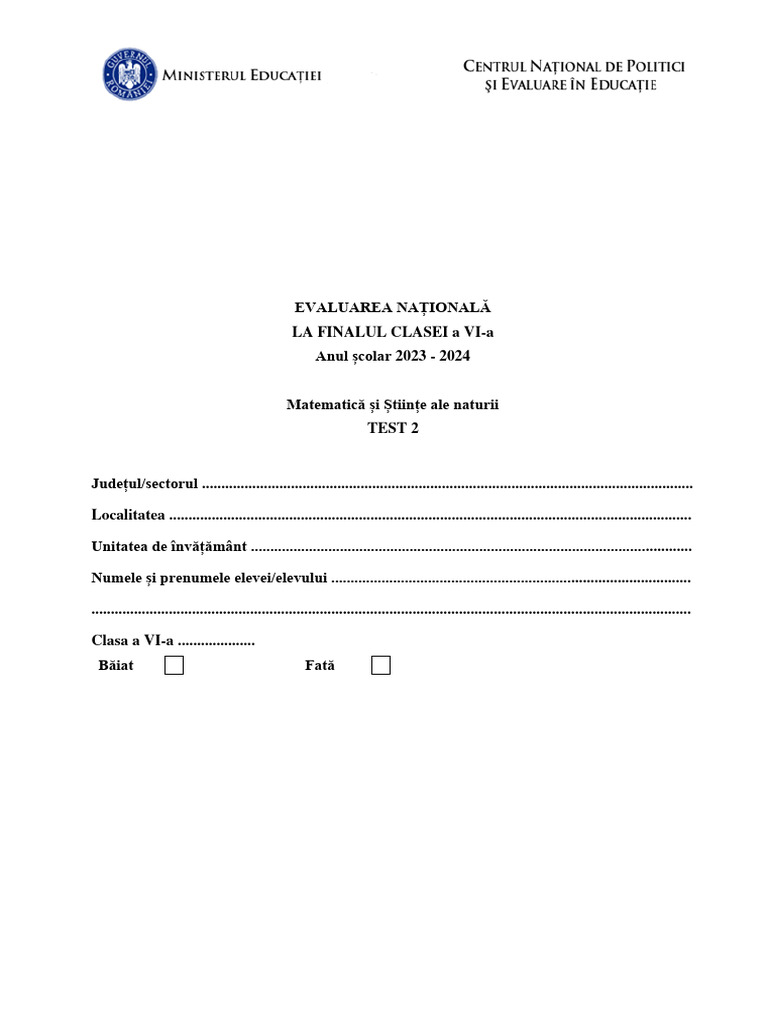 ENVI 2024 Matematica Si Stiinte Test 2 Limba Slovaca | PDF
