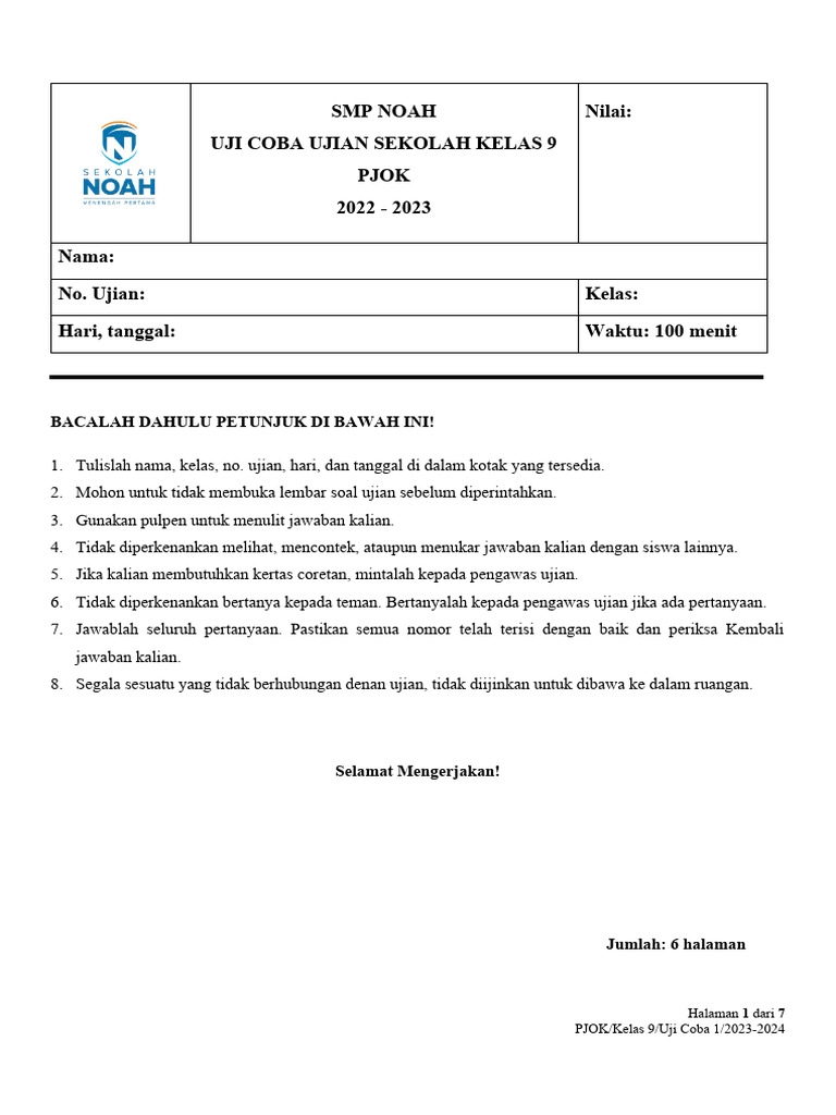 Soal Try Out Kelas 9 Pe 2023-2024 Pertama | PDF