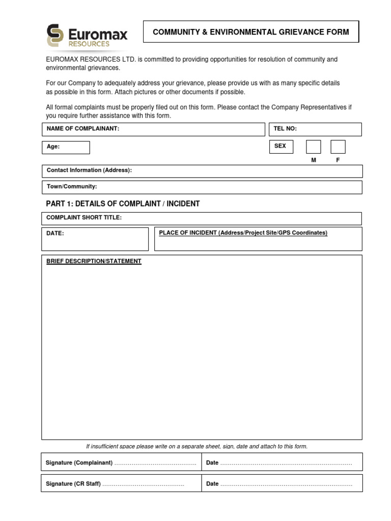 Community & Environmental Grievance Form | PDF | Justice | Crime & Violence