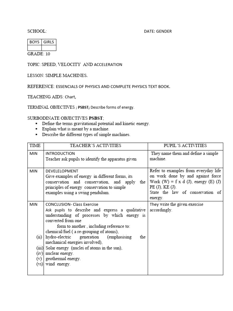 Grade 10 Physics Speed, Velocity and Acceleration - Simple Machines 3 Editable Lesson Plan | PDF ...