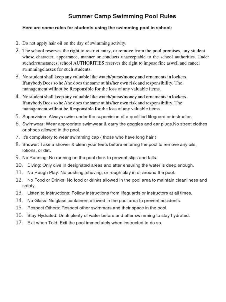 Summer Camp Swimming Pool Rules | PDF