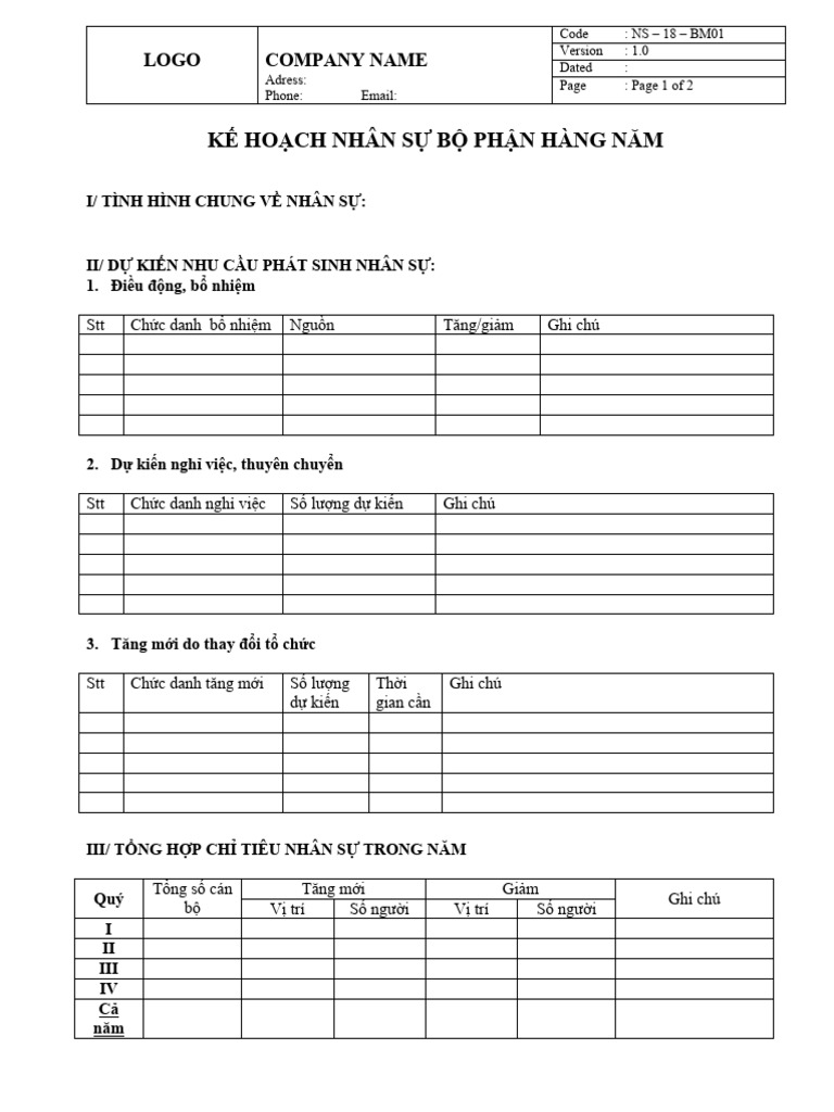 NS - 18 - BM01 - Ke Hoach Nhan Su Bo Phan Hang Nam | PDF