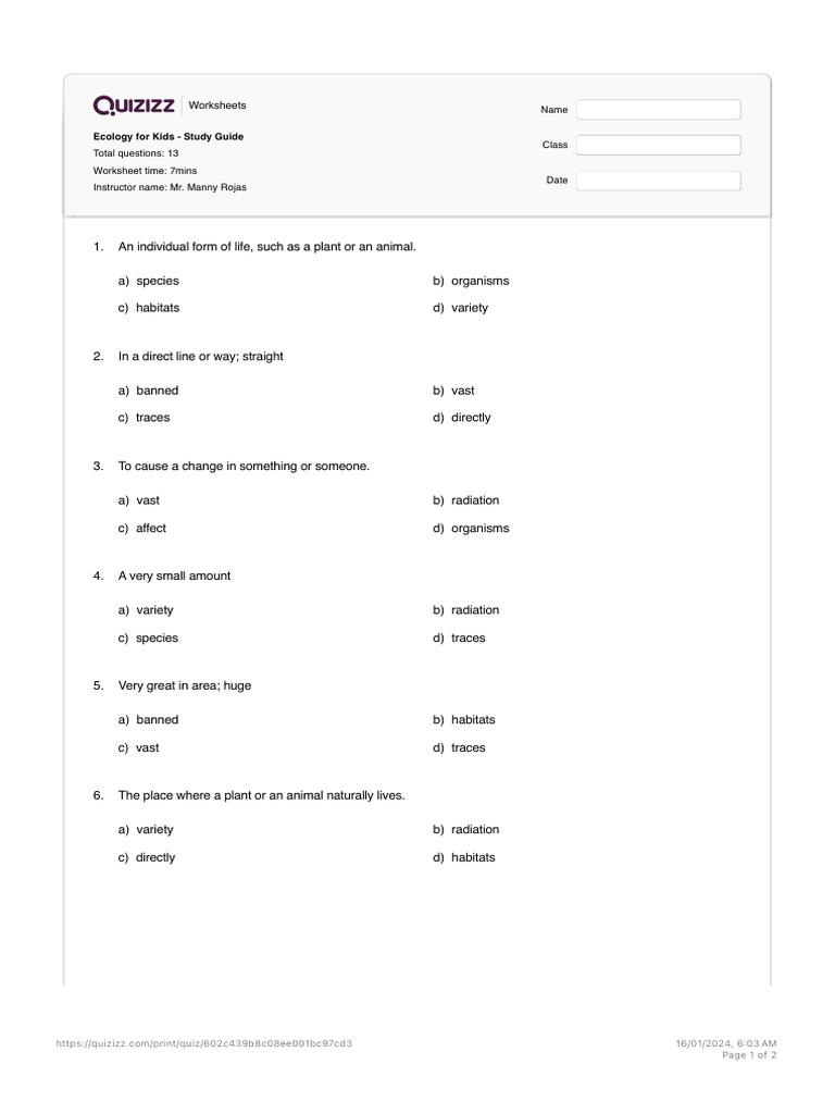 Ecology For Kids - Study Guide - Quizizz | PDF | Nature