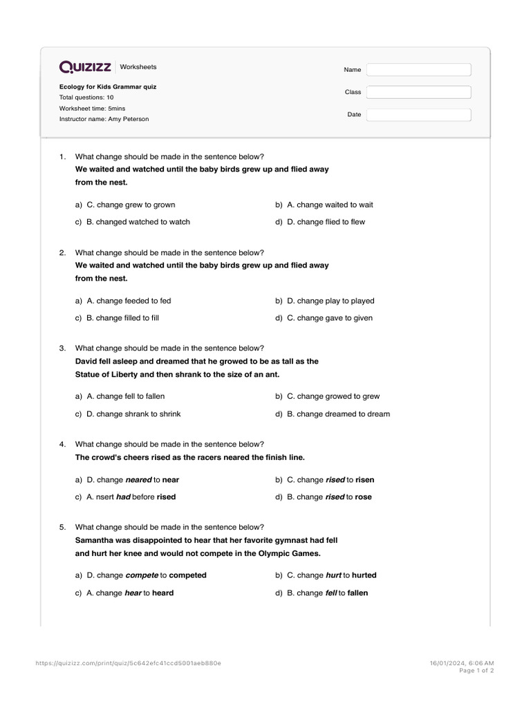 Ecology For Kids Grammar Quiz - Quizizz | PDF