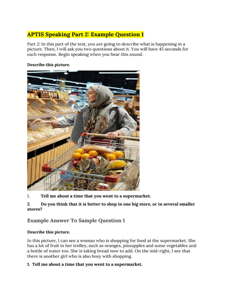 APTIS Speaking Part 2 + Example Answer | Download Free PDF | Classroom | Supermarket